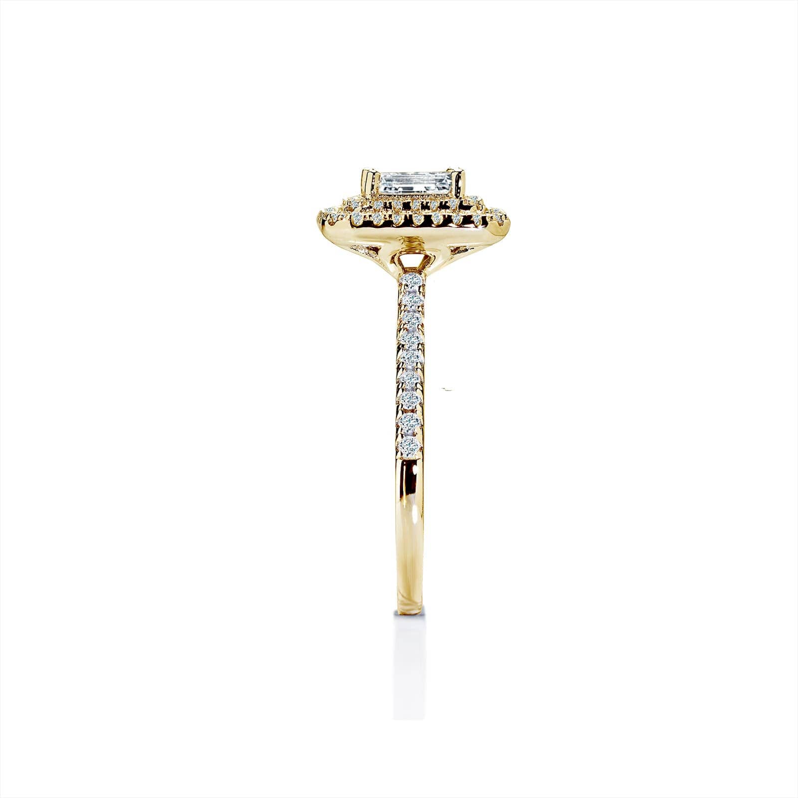 Verlovingsring met Wit Emerald Cut Saffier en Diamanten in Goud